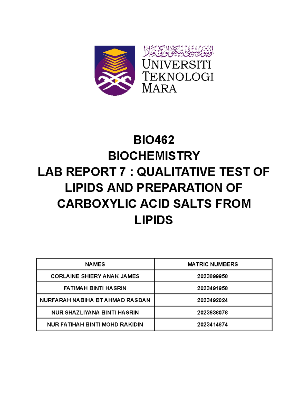 BIO462 Lab Report 7: Qualitative Testing of Lipids & Carboxylic Acid ...