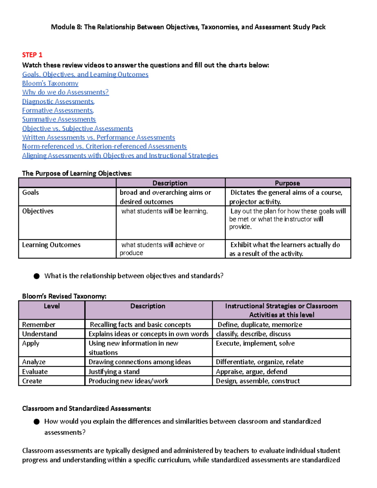 Module 8 Exam Study Pack: Goals, Taxonomies, & Assessments - Studocu