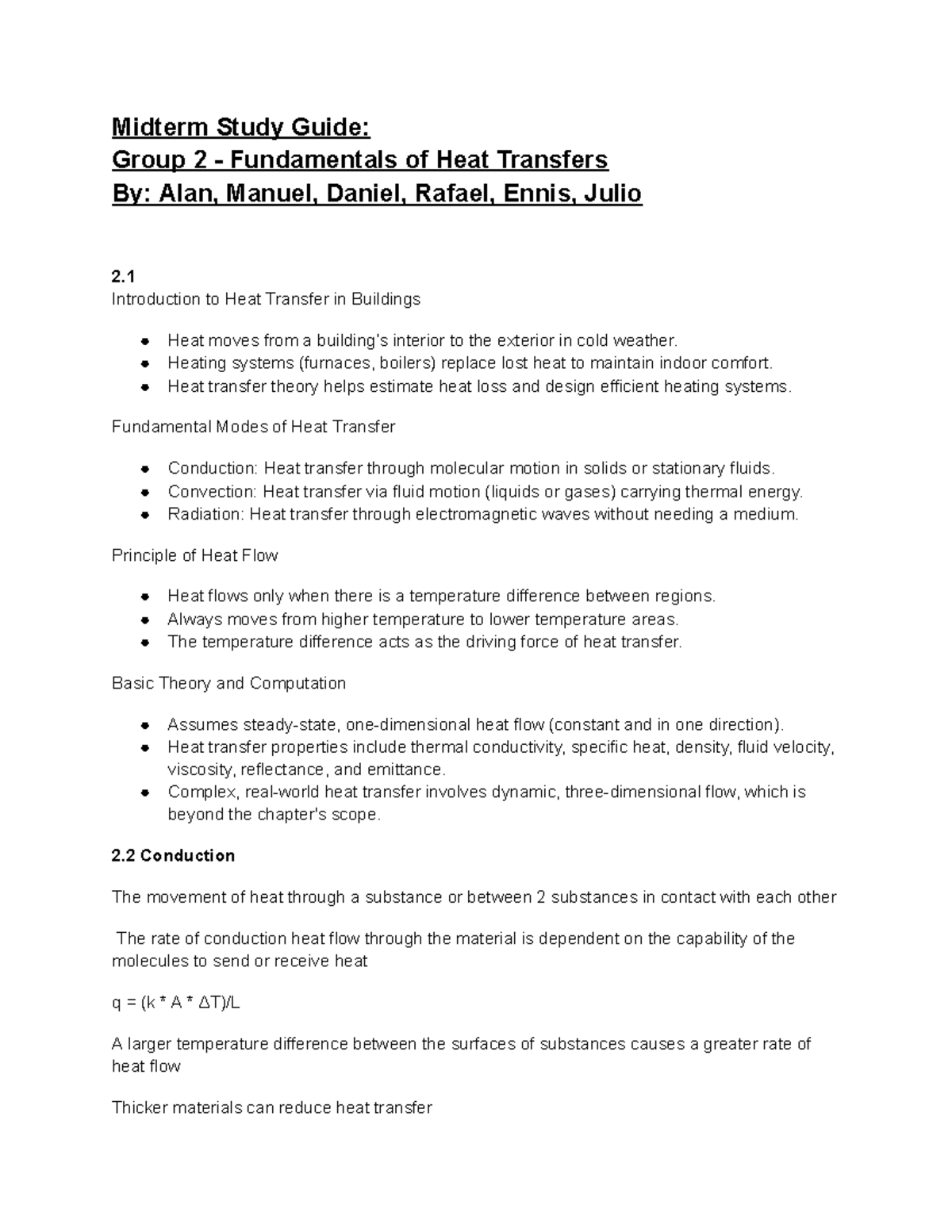 Midterm Study Guide: Fundamentals of Heat Transfer (Course Code) - Midterm Study Guide: Group 2 ...