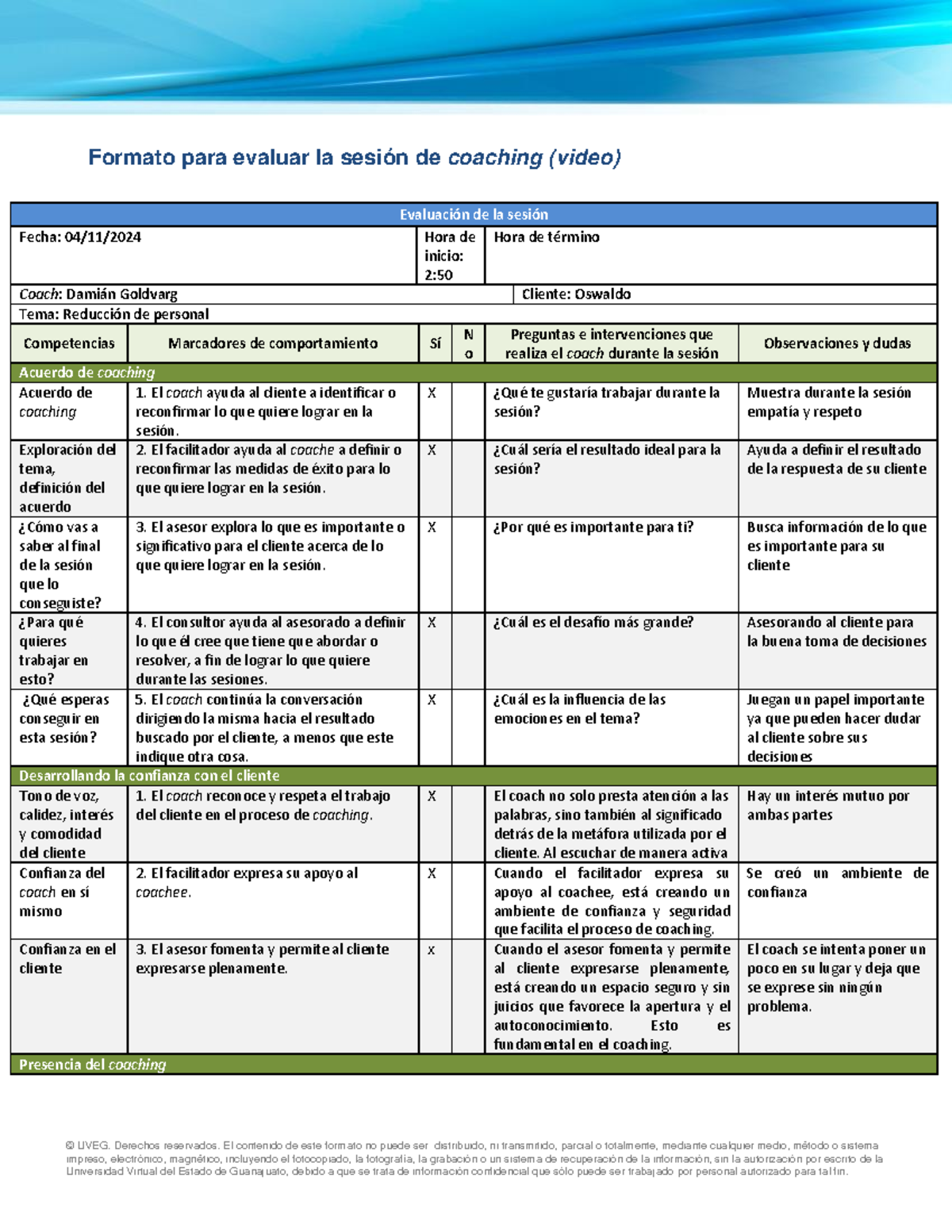 Formato de Evaluación para Sesiones de Coaching (UVEG) - Studocu