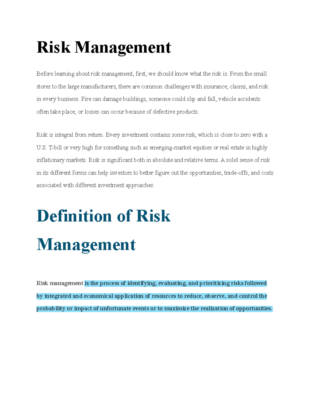 Risk Management - Lecture Notes for RM101: Understanding and Processes ...