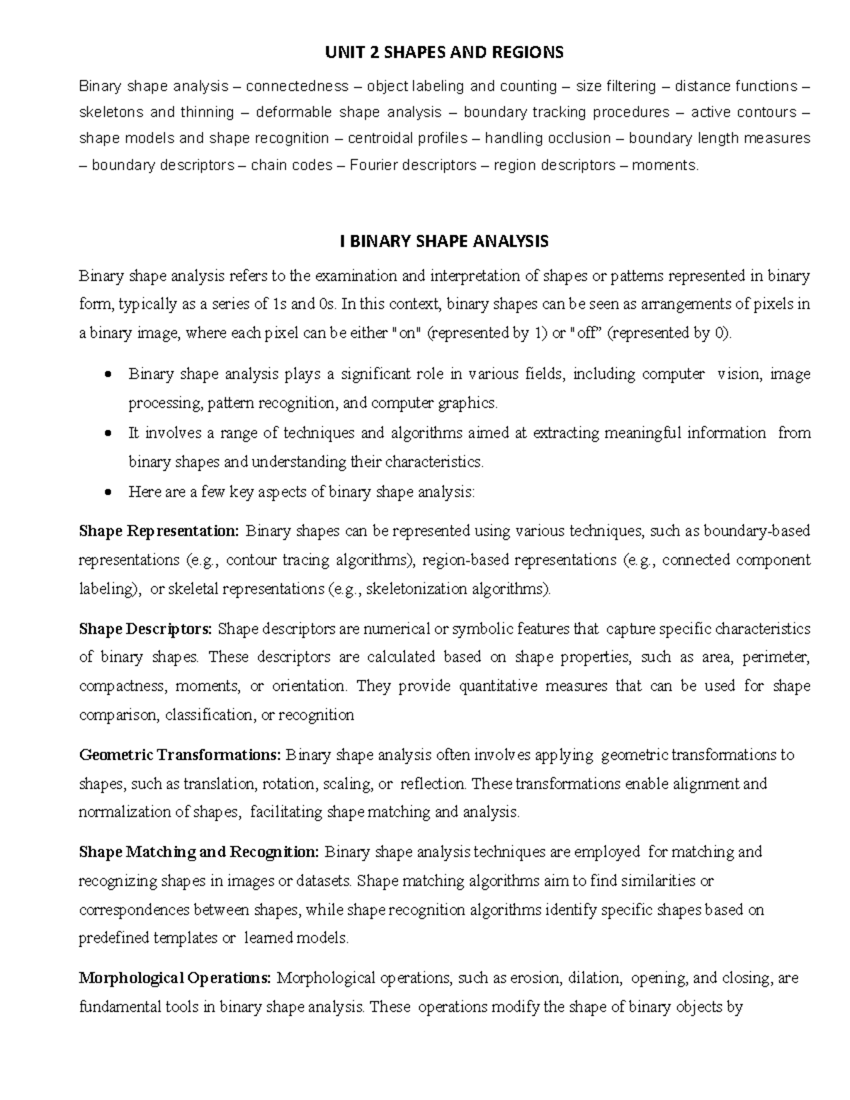 CV 101: Unit 2 - Binary Shape Analysis and Connectedness Techniques - Studocu