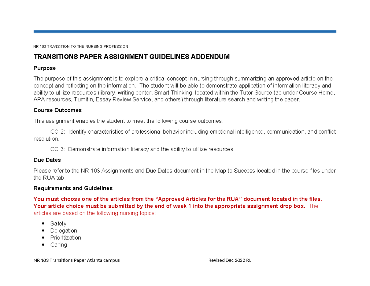 NR 103 Transitions Paper Assignment Guidelines Addendum 2023 - Studocu