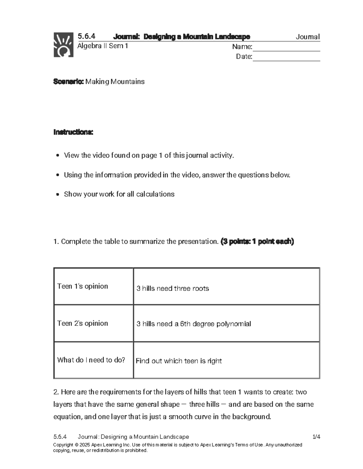Algebra II Sem 1 Journal: Designing a Mountain Landscape Activity - Studocu
