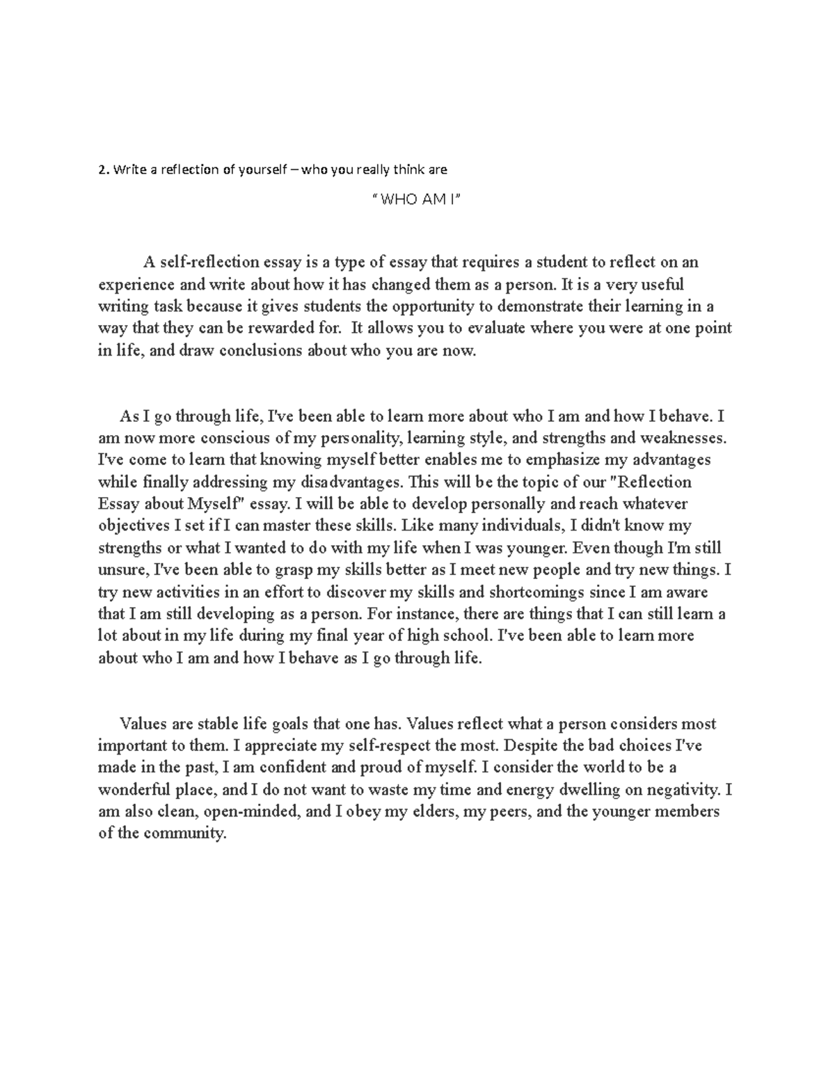 SELF REFLECTION ESSAY: WHO AM I IN MY FINAL YEAR? - Studocu