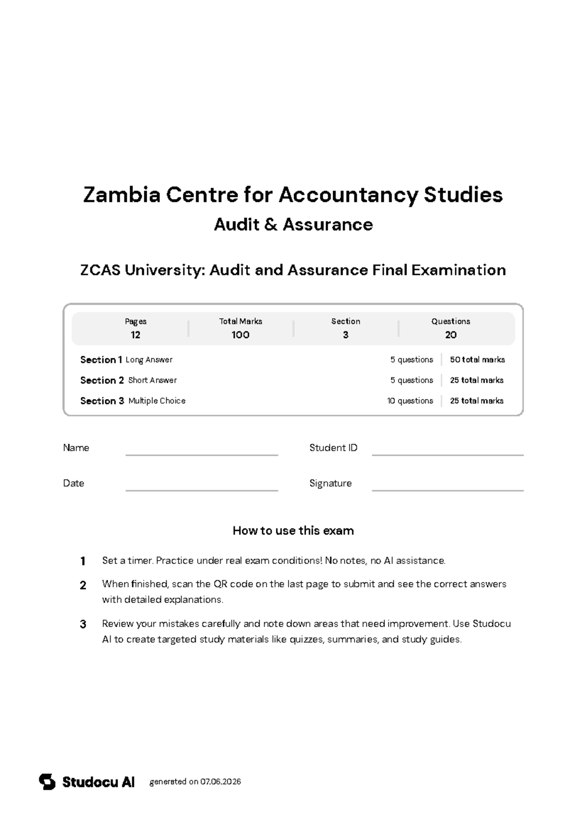 ZCAS University: Audit and Assurance Final Exam - Studocu