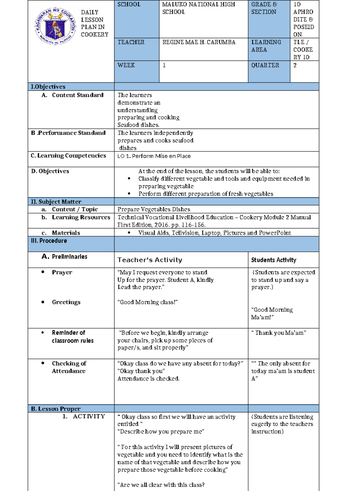 TLE 10 Cookery Detailed Lesson Plan for Week 1 - Quarter 2 - Studocu