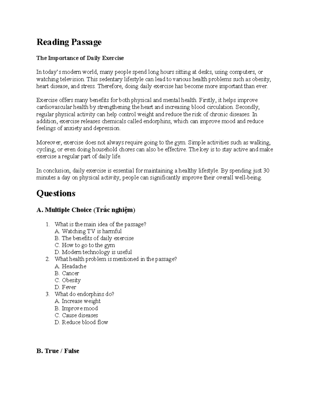 Reading Passage - The Importance of Daily Exercise (Bai tap lam them ...