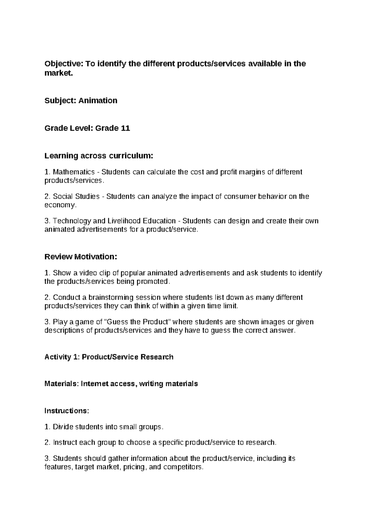 Lesson Plan: Exploring Market Competition in Animation (Grade 11) - Studocu