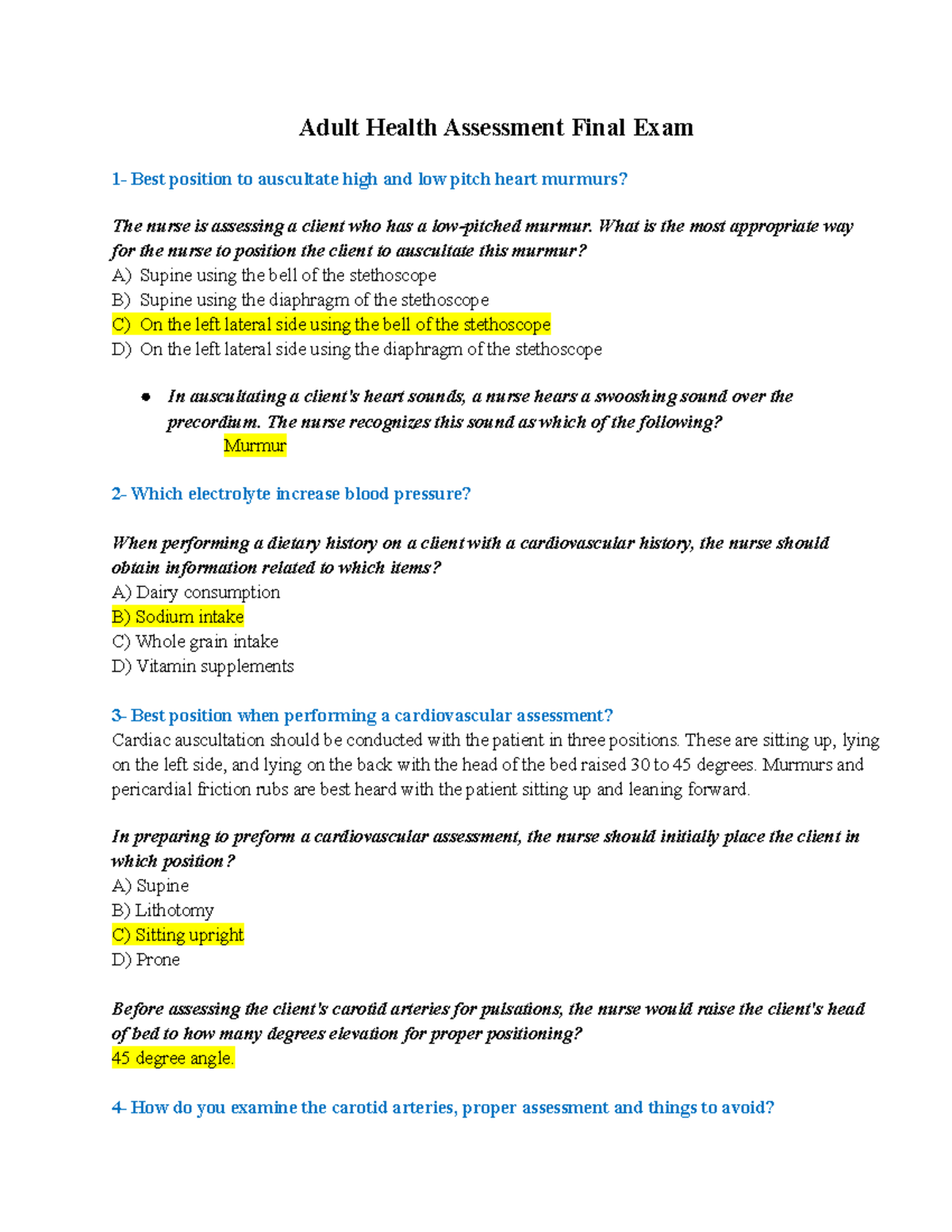 Adult Health Assessment (NUR 123) Final Exam Study Guide - Studocu