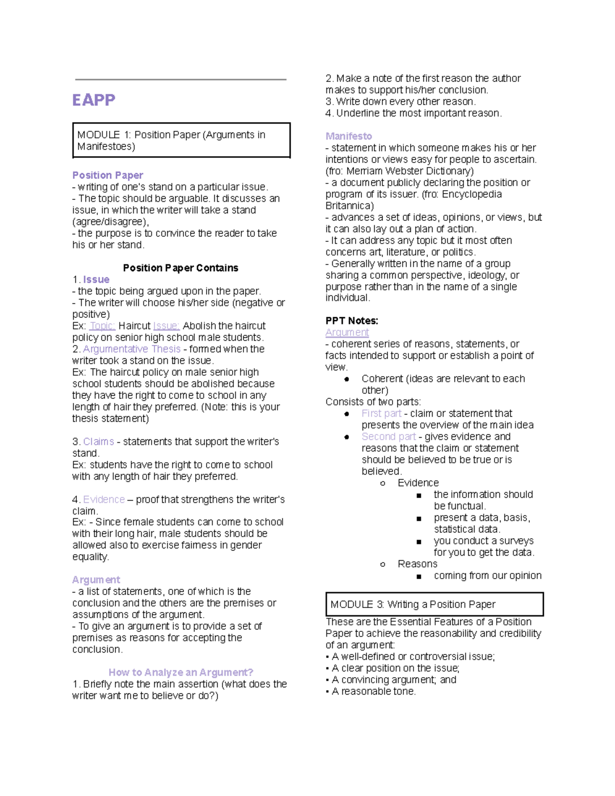 EAPP MODULE 1: Position Paper Writing Guide and Analysis - Studocu
