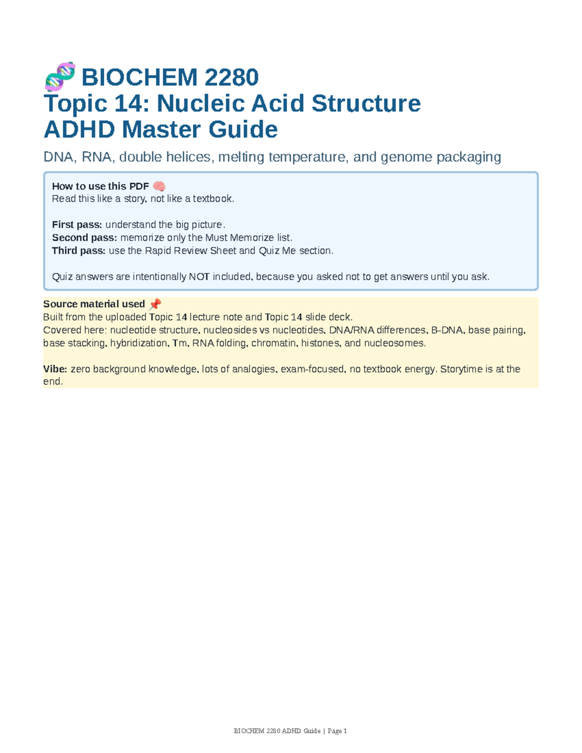 BIOCHEM 2280 Topic 14: ADHD Master Guide to Nucleic Acid Structure ...