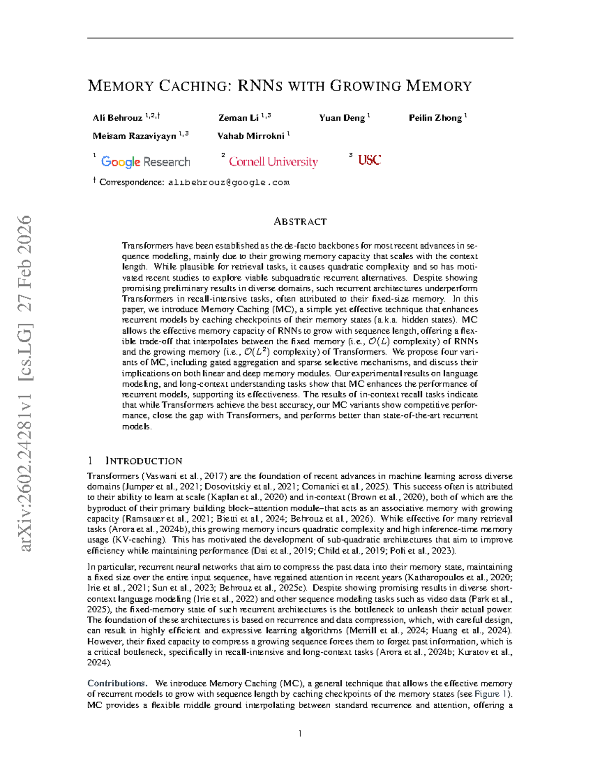 Memory Caching in RNNs: Enhancing Performance with Growing Memory - Studocu