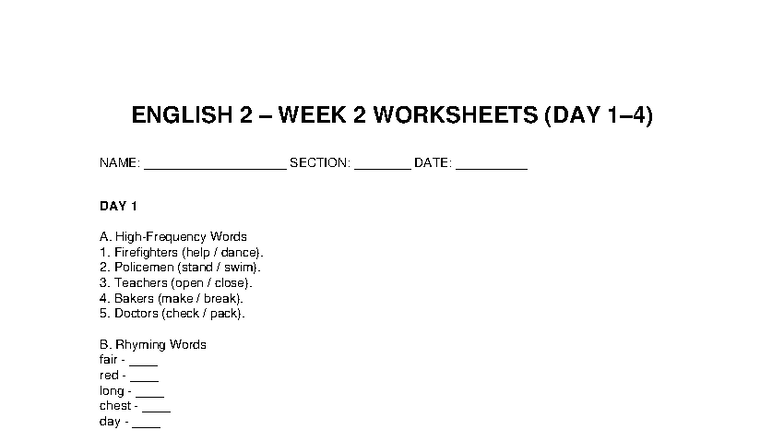 ENGLISH 2 WEEK 2 WORKSHEETS: DAY 1 TO 4 ACTIVITIES - Studocu
