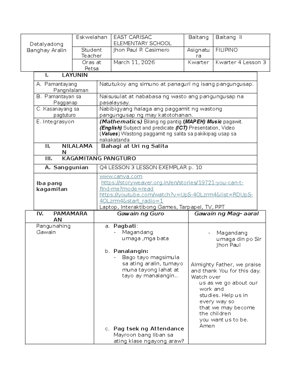 Ato J LP FIL Q4 L3 - Lesson Plan on Simuno at Panaguri - Studocu