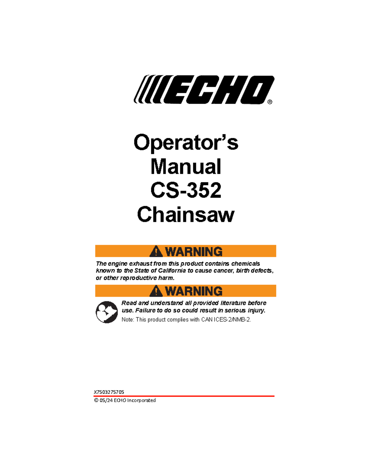 CS-352 Operator’s Manual for Chainsaw Safety and Maintenance - Studocu