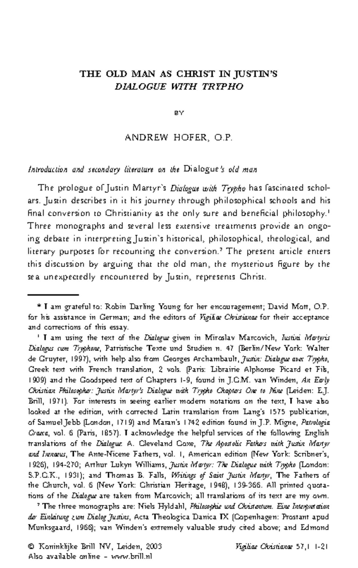 The Old Man as Christ: Analyzing Justin Martyr's Dialogue with Trypho ...