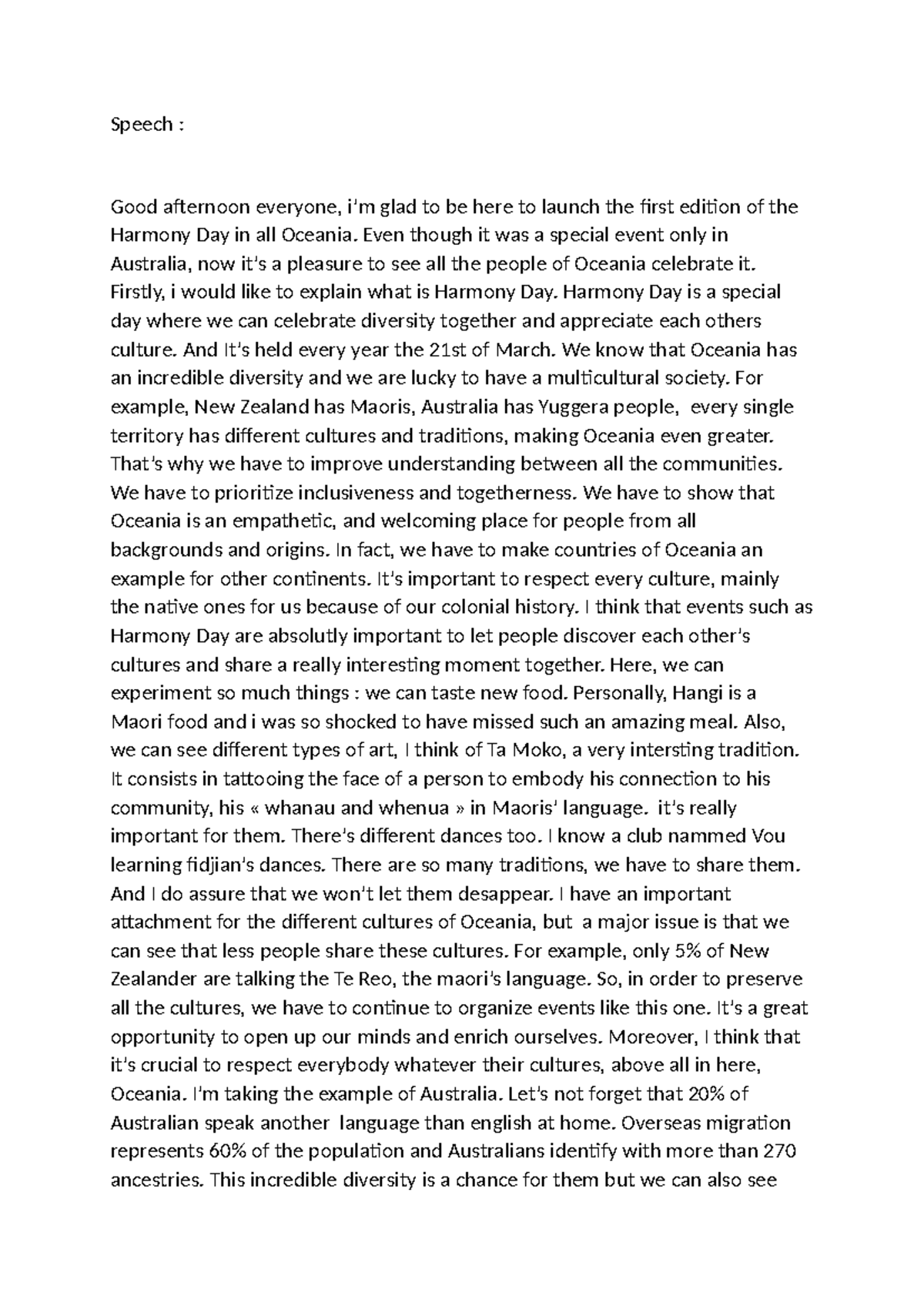 Harmony Day Speech: Celebrating Diversity in Oceania - Studocu