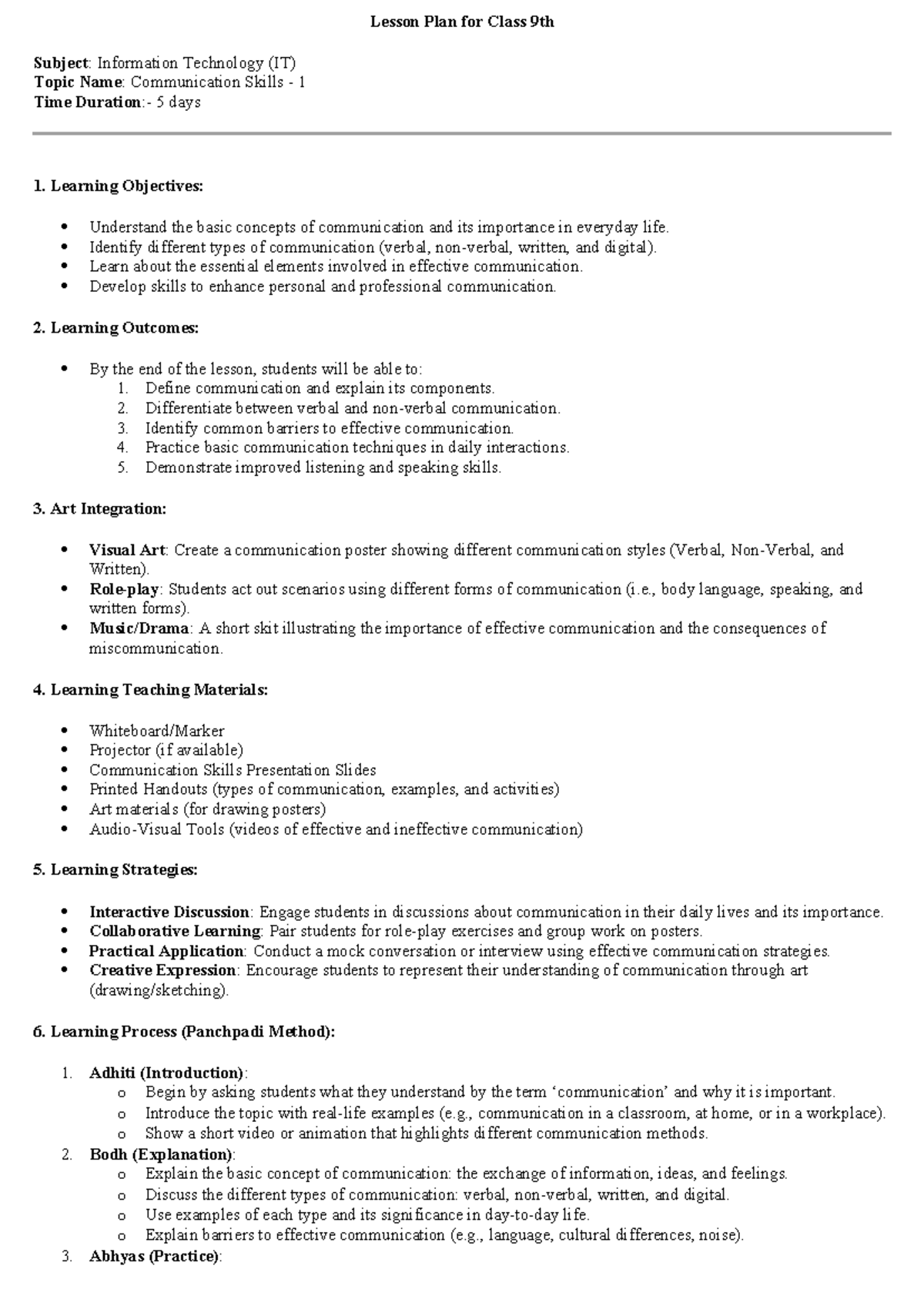 Lesson Plan for Class 9 IT: Communication Skills (5 Days) - Studocu