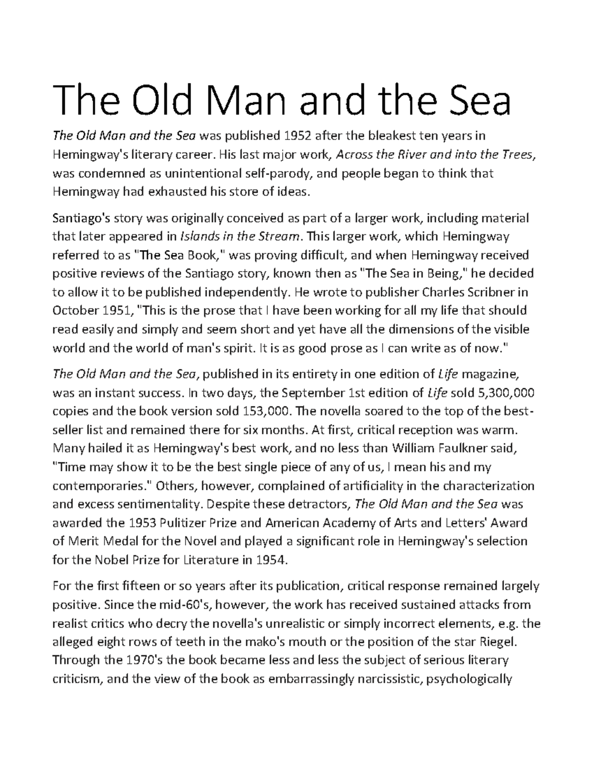 THE OLD MAN AND SEA FULL Notes - The Old Man and the Sea The Old Man ...