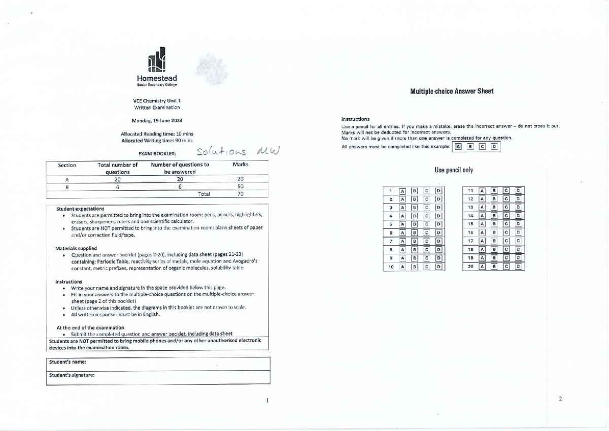 2023 VCE Chemistry Unit 1 Exam Solutions and Answer Sheet - Studocu