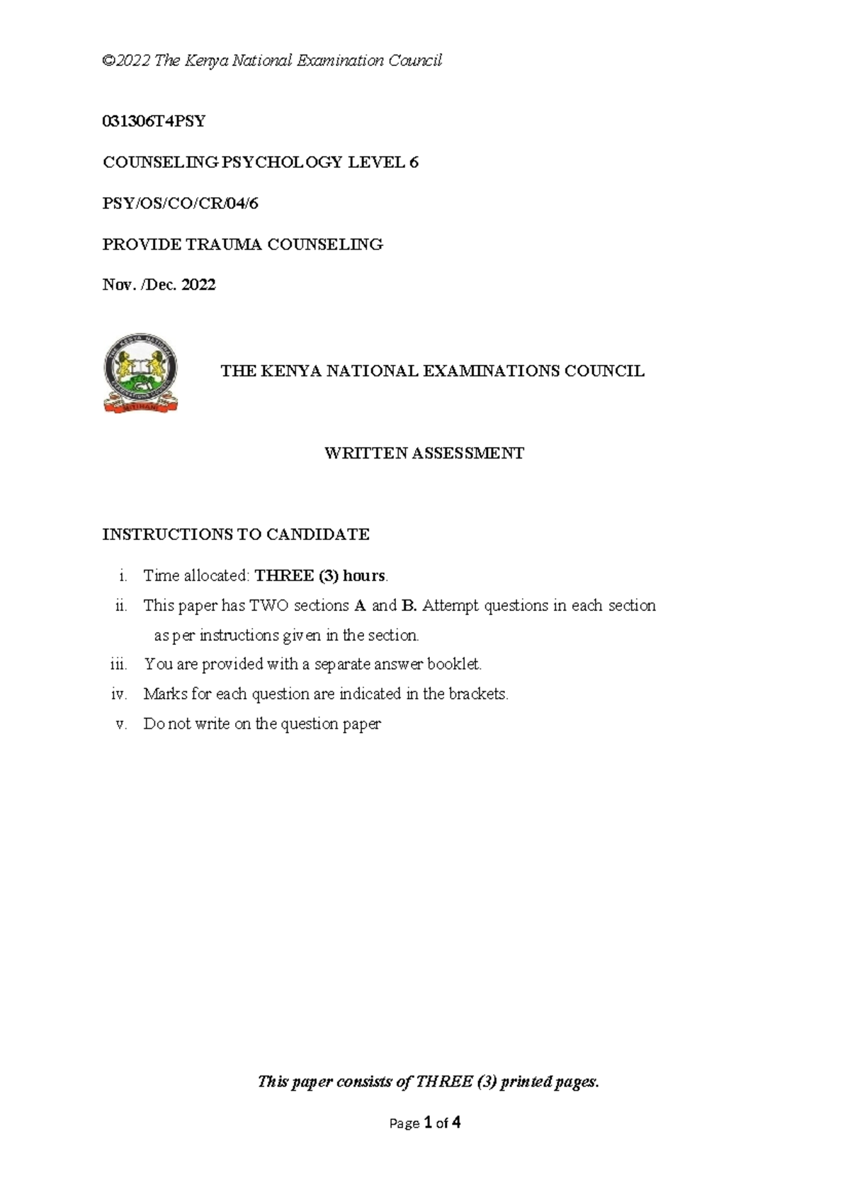 031306T4PSY Trauma Counseling Level 6 Exam Notes - Nov 2022 - Studocu