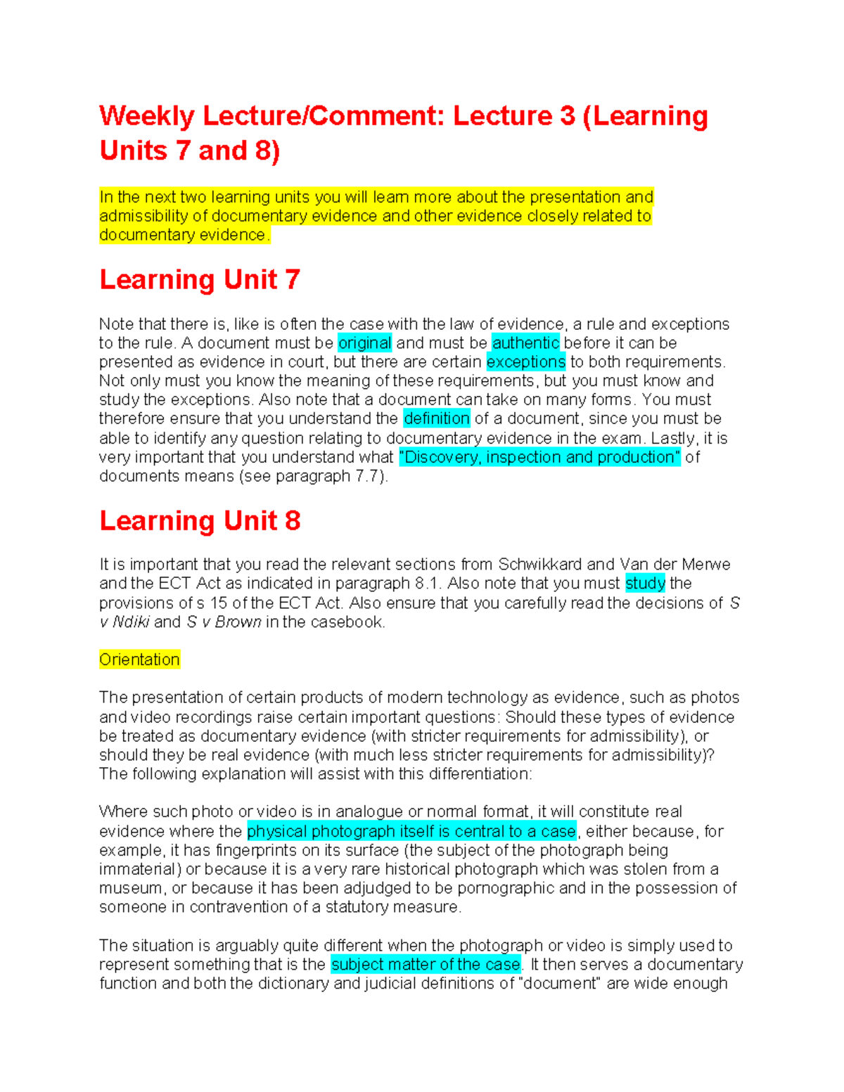 LEV3701 Lecture 3: Exploring Documentary Evidence & the ECT Act - Studocu
