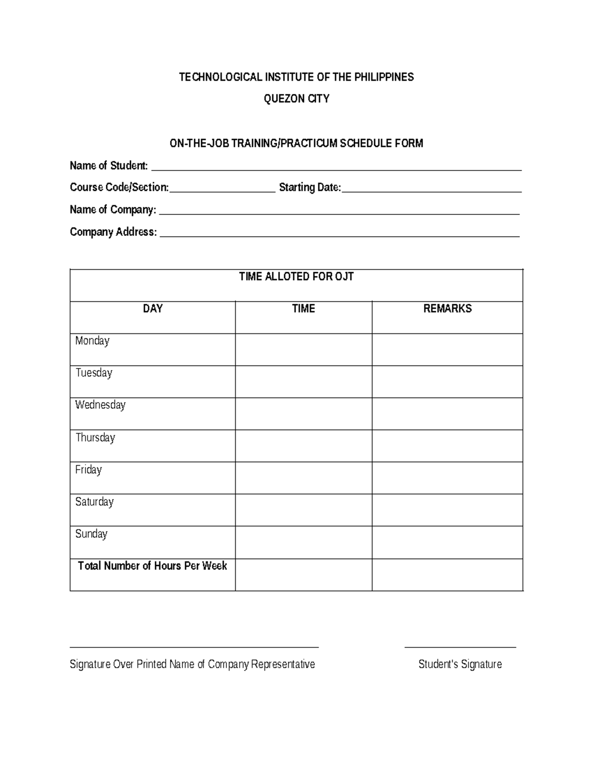 OJT-Practicum Schedule - TECHNOLOGICAL INSTITUTE OF THE PHILIPPINES ...