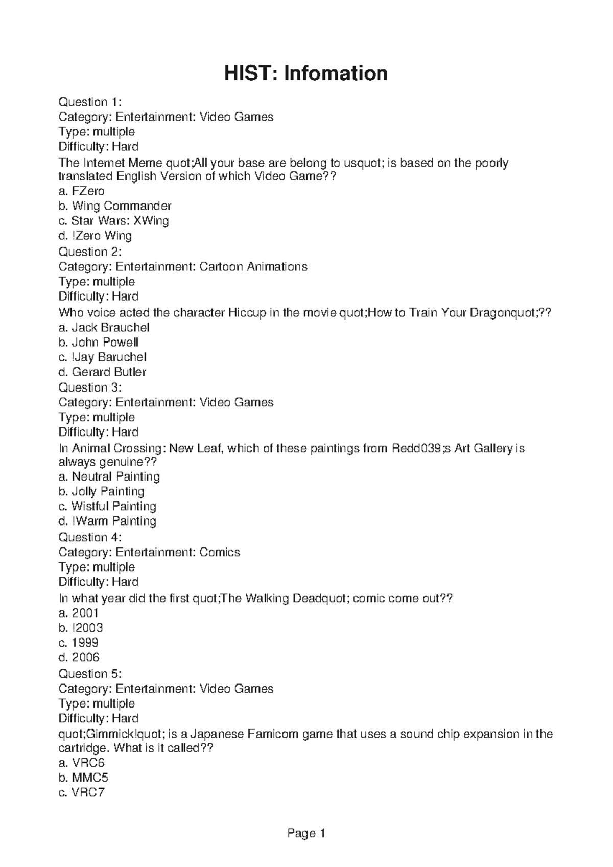 HIST303: Hard Quiz Questions on Entertainment & General Knowledge - Studocu