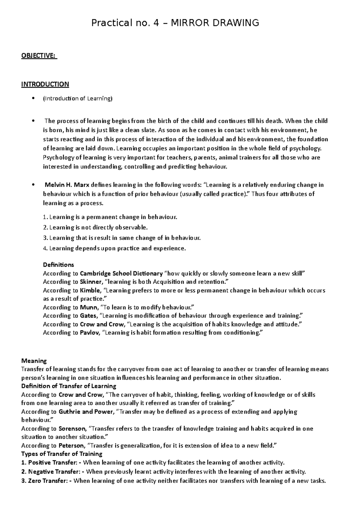 Mirror Drawing Experiment: Understanding Transfer of Learning - Studocu