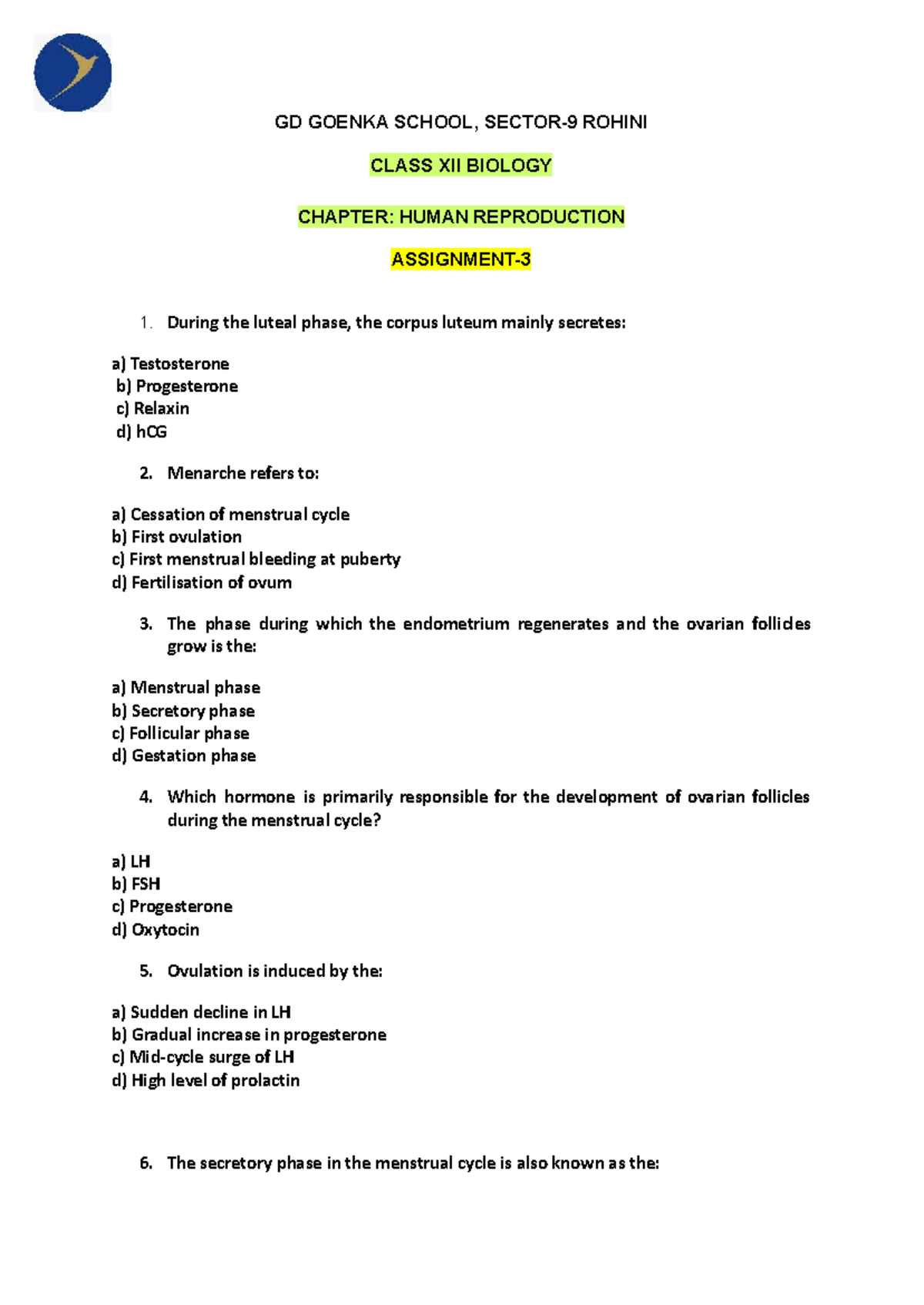 GD Goenka School Class XII Biology: Human Reproduction Assignment 3 ...