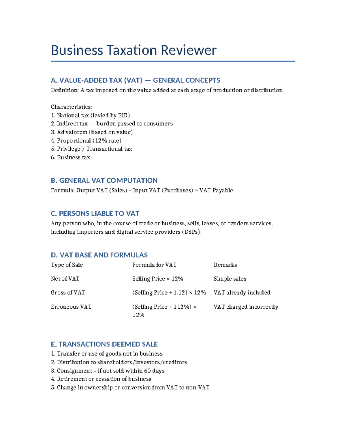 Business Taxation Reviewer: VAT Concepts & Computation Guide - Studocu