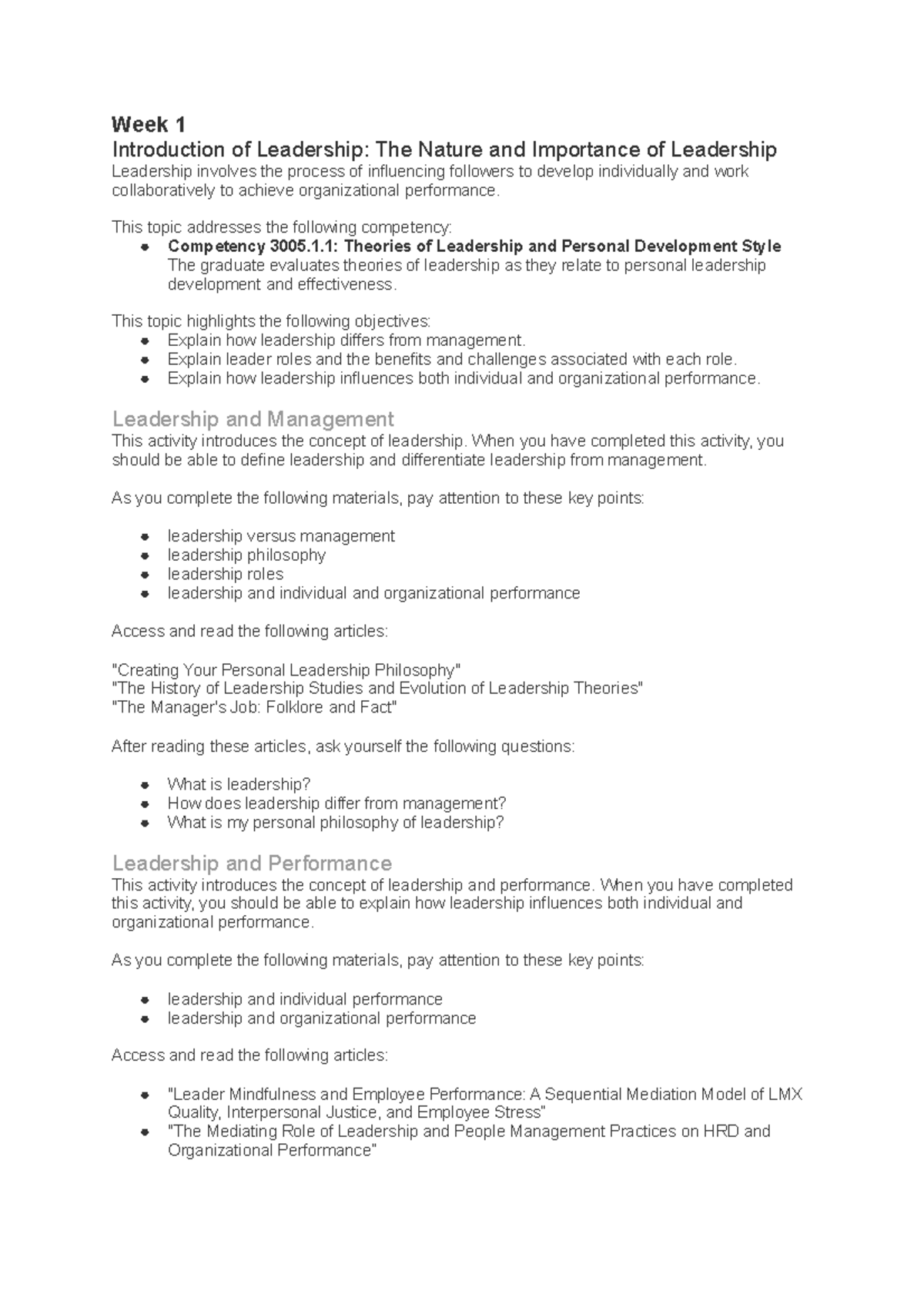 Course Material Week by Week - Week 1 Introduction of Leadership: The ...