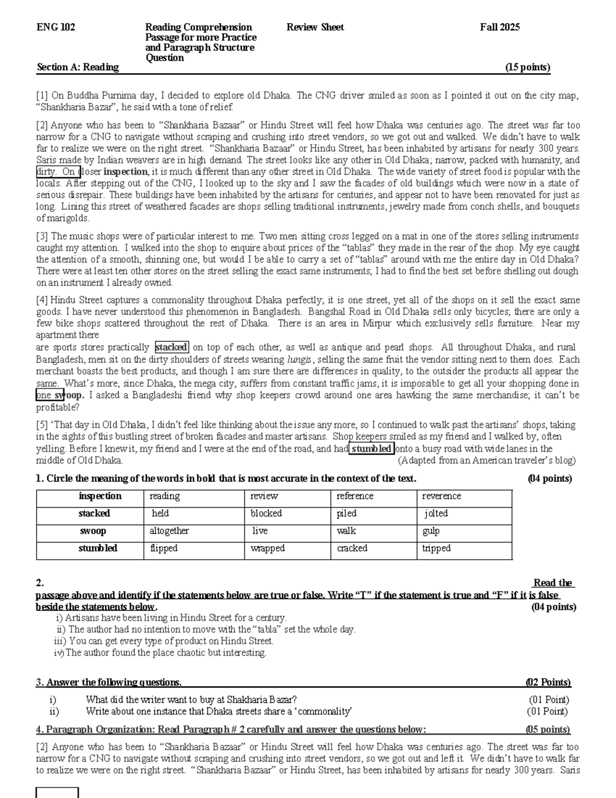 ENG 102 Section A: Reading Comprehension Passage & Paragraph Structure ...