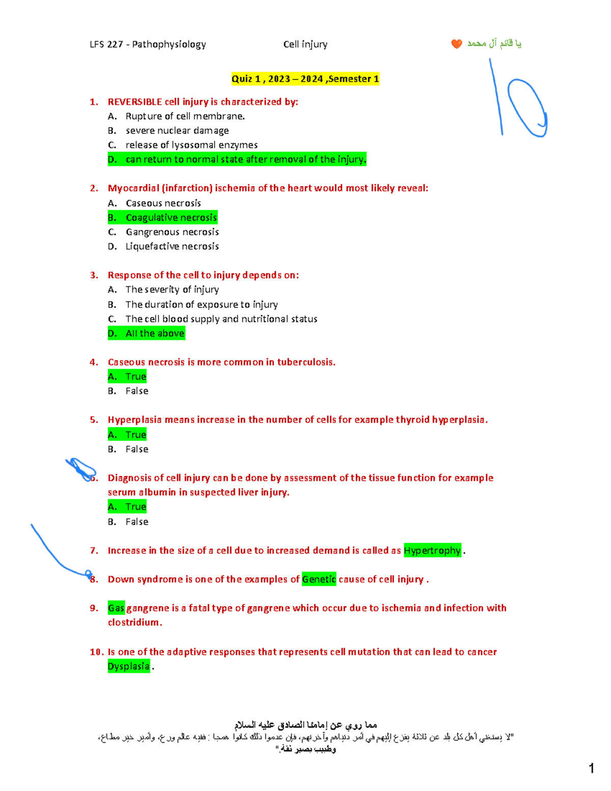LFS 22 7 - Pathophysiology: Quiz Answers on Cell Injury - Studocu