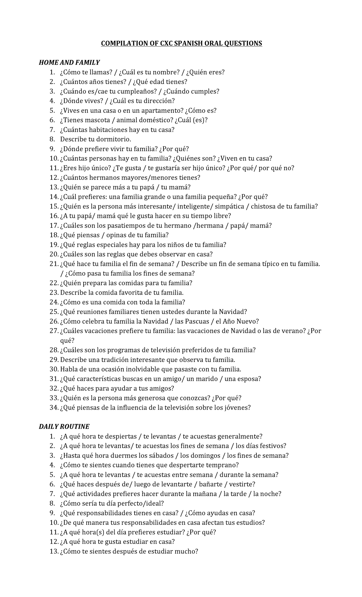 CSEC Spanish Oral Questions Compilation: Key Topics & Phrases - Studocu
