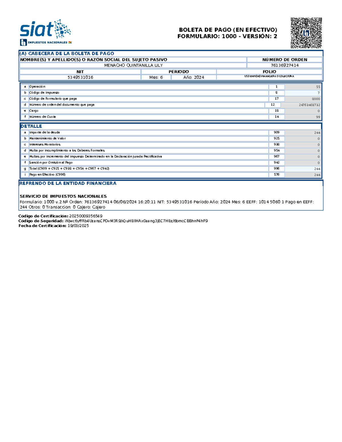 Certificación Formulario 1000 v2 - Boleta de Pago - 2024 - Studocu