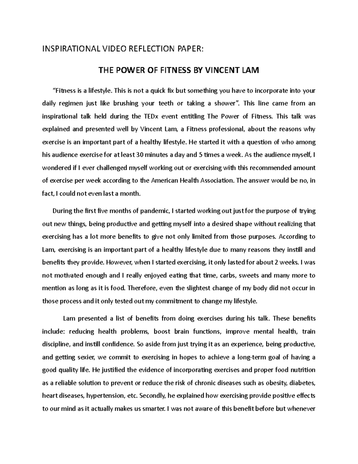 Inspirational Video Reflection Paper - INSPIRATIONAL VIDEO REFLECTION ...