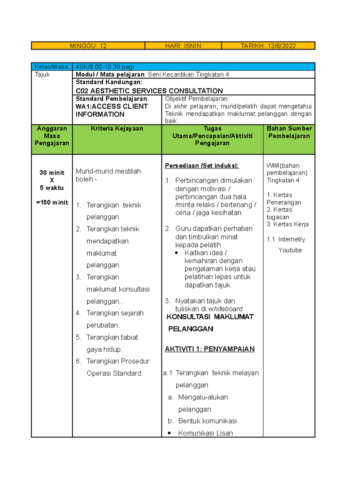 RPH Minggu 12 - contoh rph sk - MINGGU: 12 HARI: ISNIN TARIKH: 13/6 ...