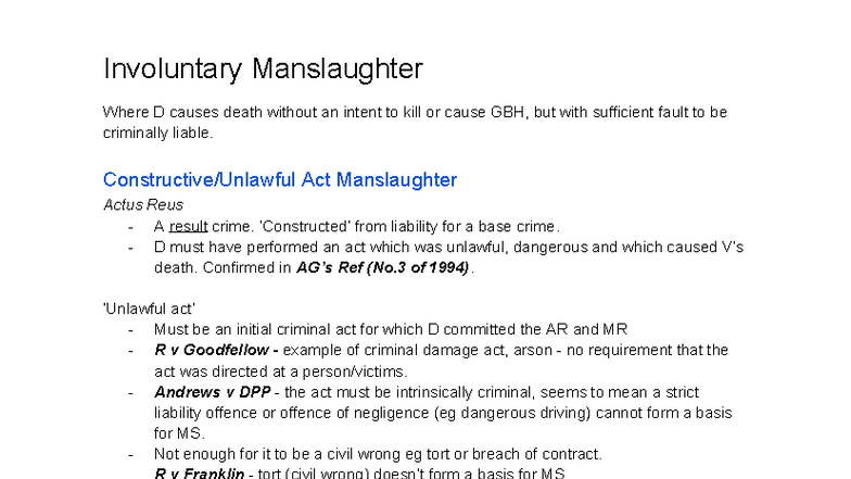 Involuntary Manslaughter: Key Concepts and Case Law Analysis - Studocu