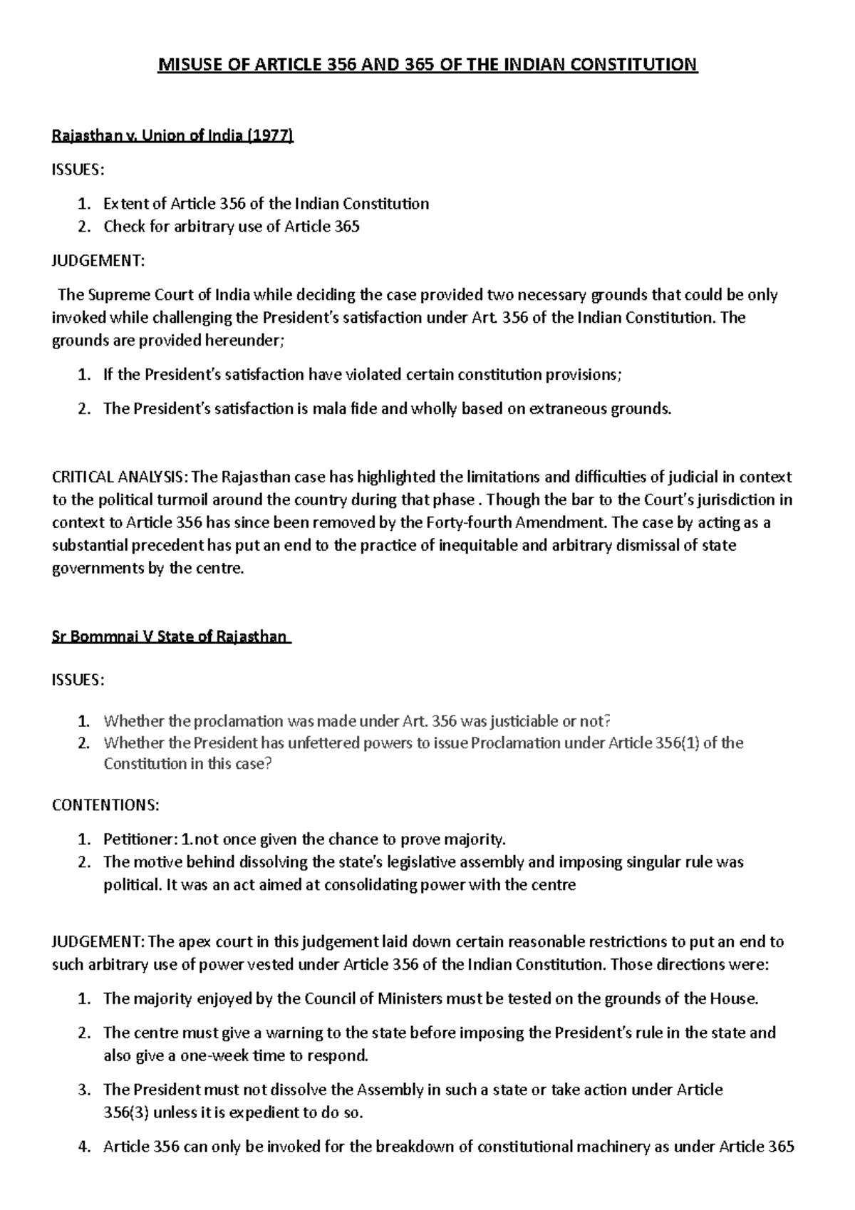 Article 356 & 365 Misuse in Indian Constitution: Key Case Studies - Studocu