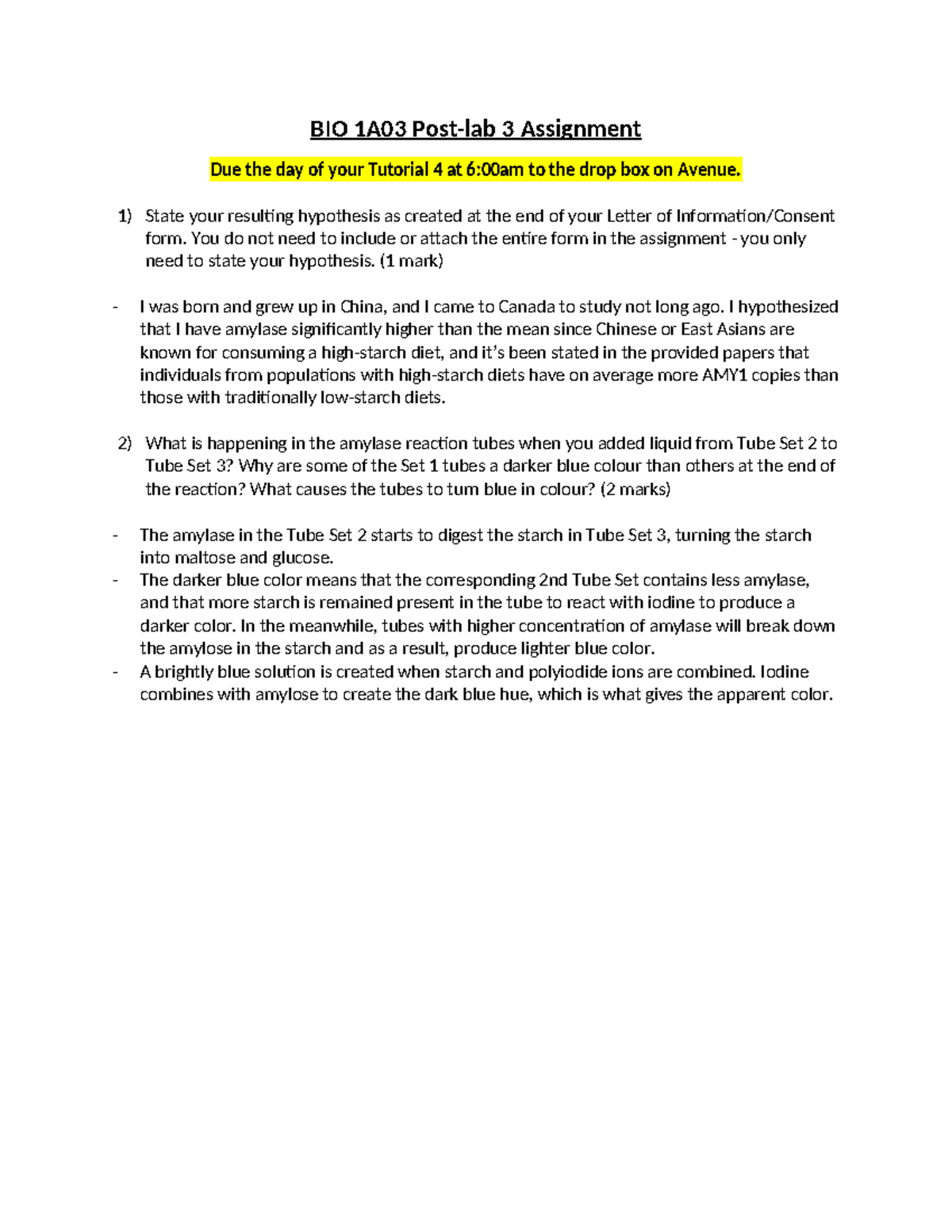 BIO 1A03 Post-Lab 3 Assignment: Amylase Hypothesis & Analysis - Studocu