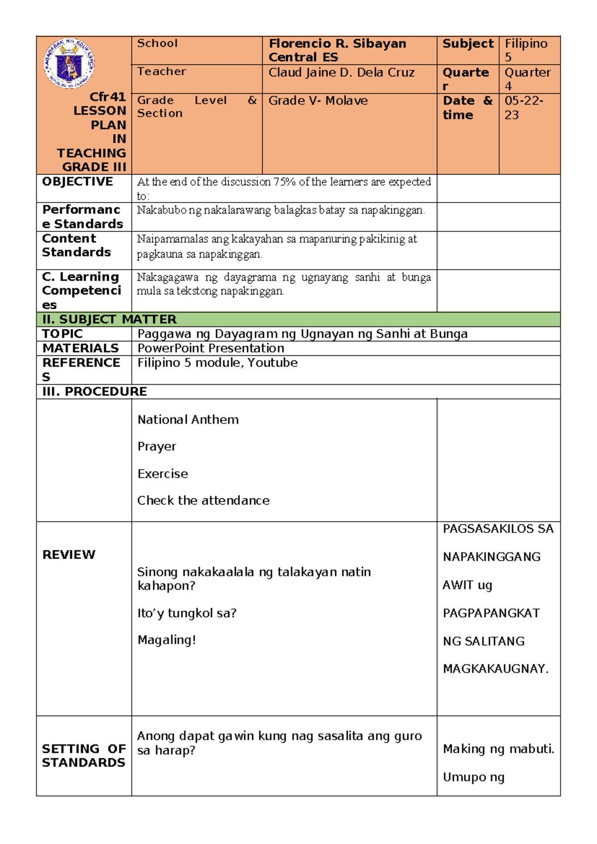 Grade 5 molave ( day 1) - lesson plan - Cfr LESSON PLAN IN TEACHING ...