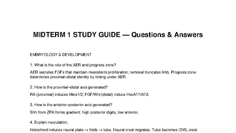 Midterm 1 Study Guide: Key Questions & Answers in Embryology - Studocu