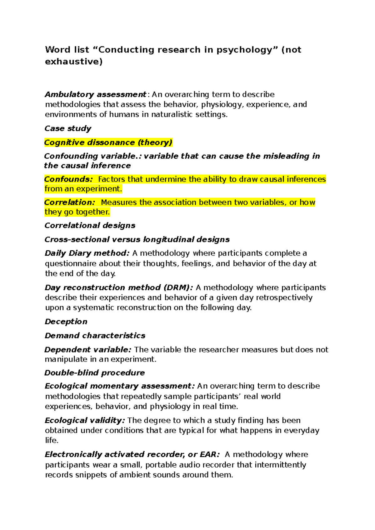 2025 PSY 101 Case Study: Word List for Research Methodologies - Studocu