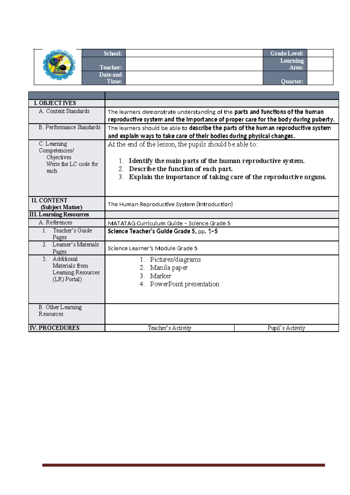 ESC 11 Final Lesson Plan: Human Reproductive System for Grade 5 - Studocu