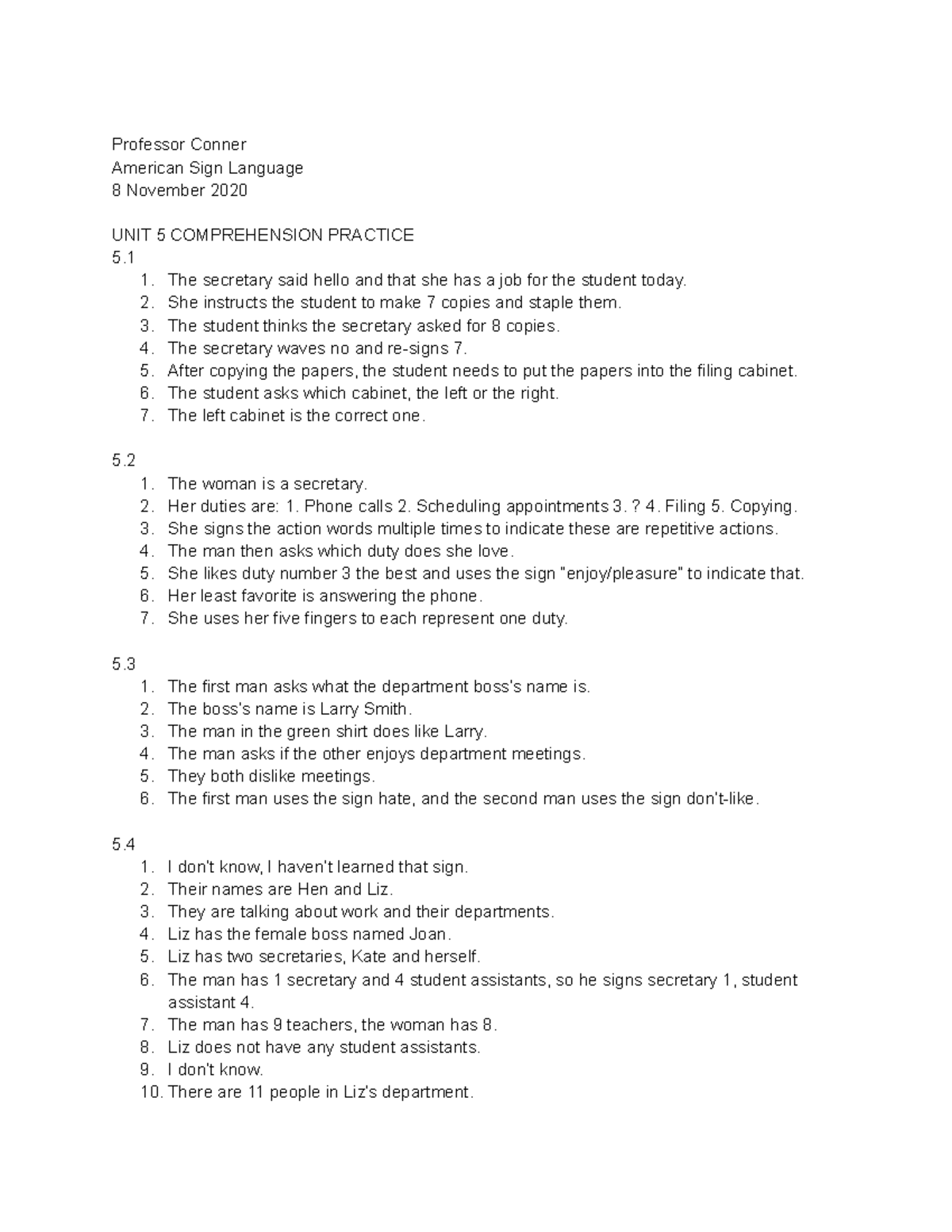 ASL 101 Unit 5 Comprehension Practice Notes for Students - Studocu