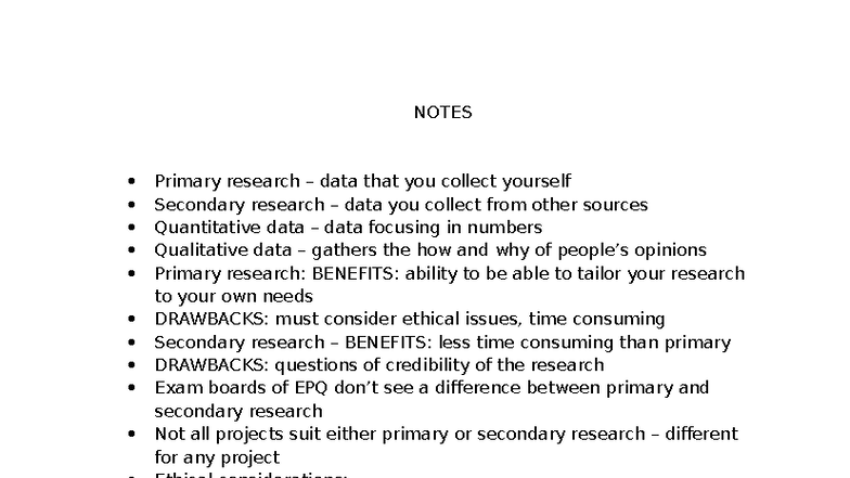 EPQ - Notes on Primary & Secondary Research Methods - Studocu