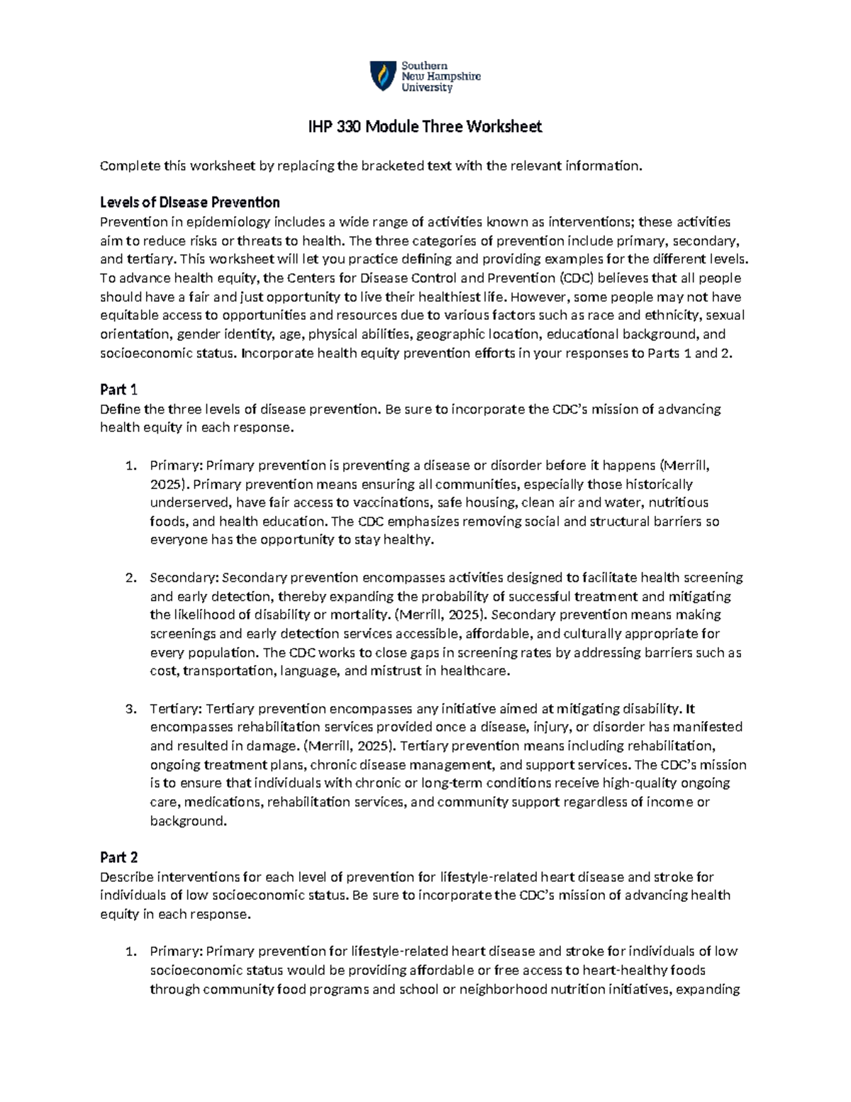 IHP 330 Module 3 Worksheet: Levels of Disease Prevention and Health ...