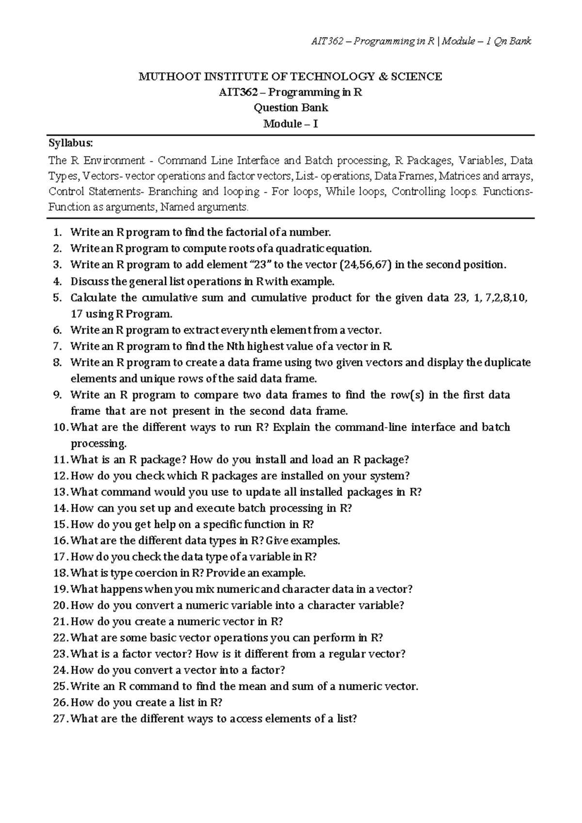 AIT362 Programming in R Module 1 Question Bank - Studocu